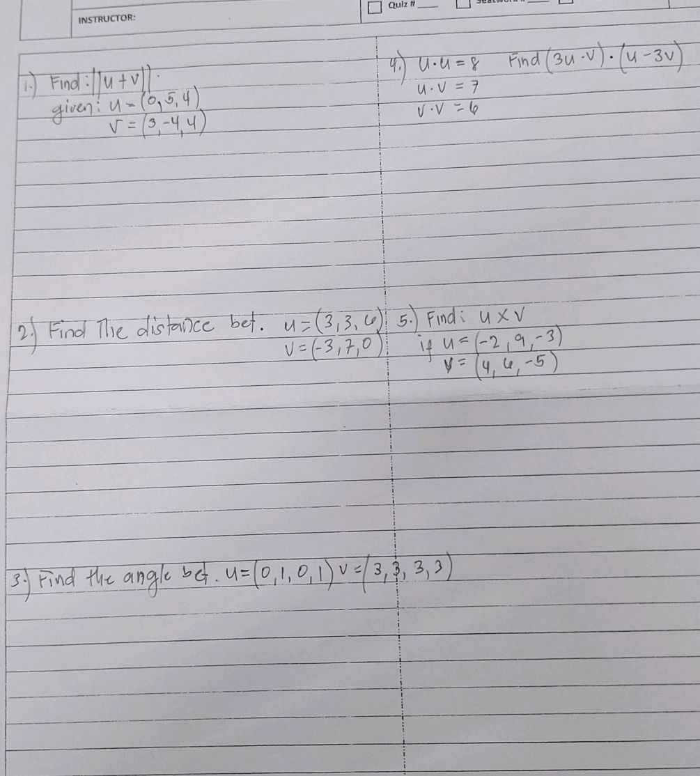 1.) Find: ||u+v|| given: u=(0,5,4) | StudyX