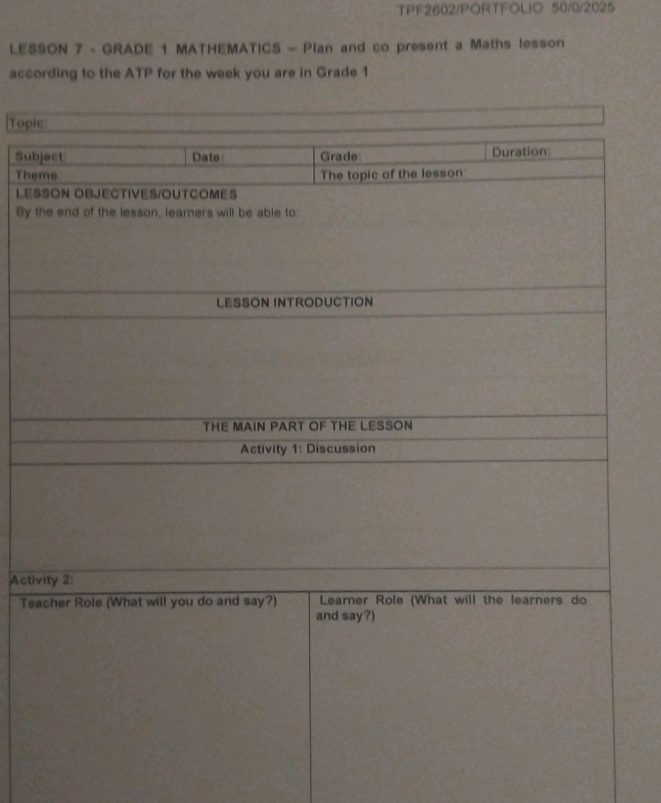 LESSON 7 - GRADE 1 MATHEMATICS - Plan and co