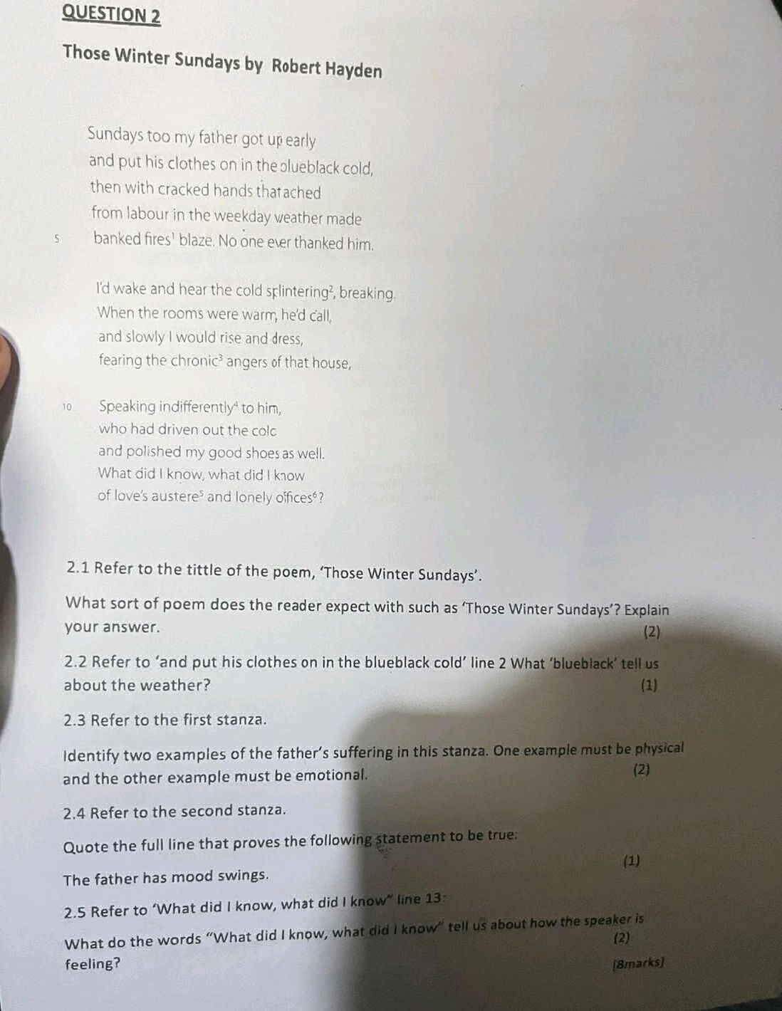 QUESTION 2 Those Winter Sundays by Robert | StudyX