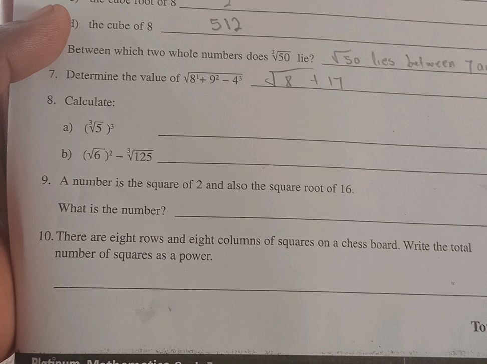 Between which two whole numbers does $ {50}$ | StudyX