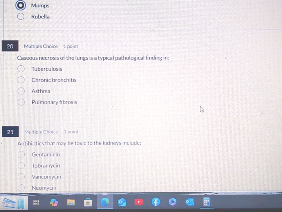 20 Multiple Choice 1 point Caseous necrosis | StudyX