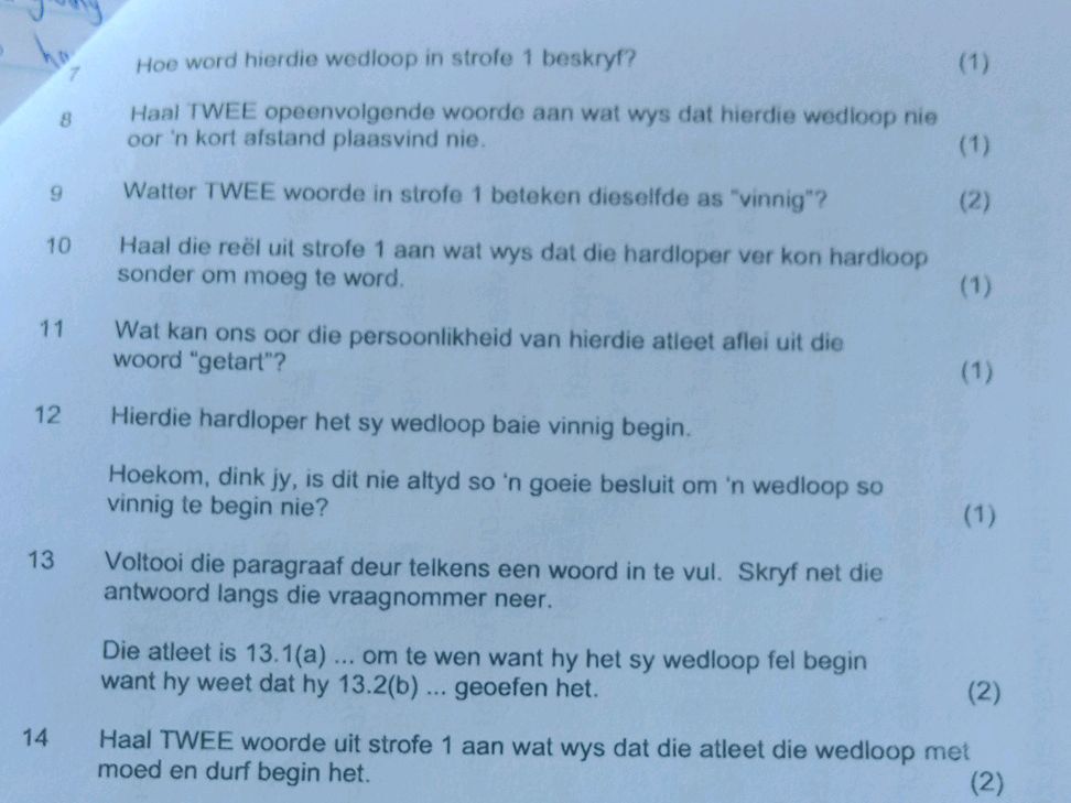 7. Hoe word hierdie wedloop in strofe 1 | StudyX
