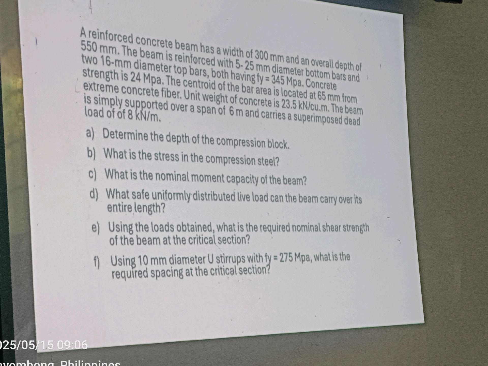 A reinforced concrete beam has a width of | StudyX