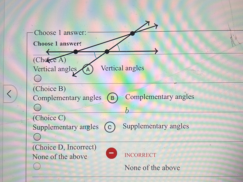 Choose 1 answer: (Choice A) Vertical angles | StudyX