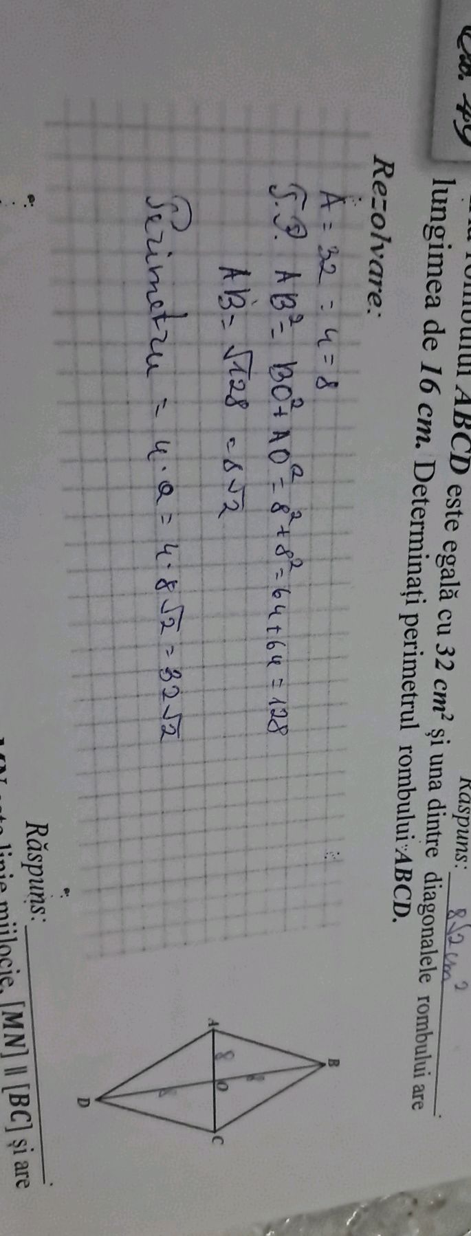 Răspuns: 8√2 cm² Un romb ABCD este egală cu | StudyX