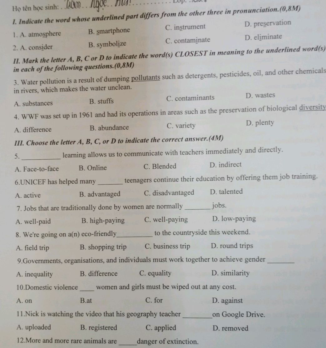 I. Indicate the word whose underlined part | StudyX