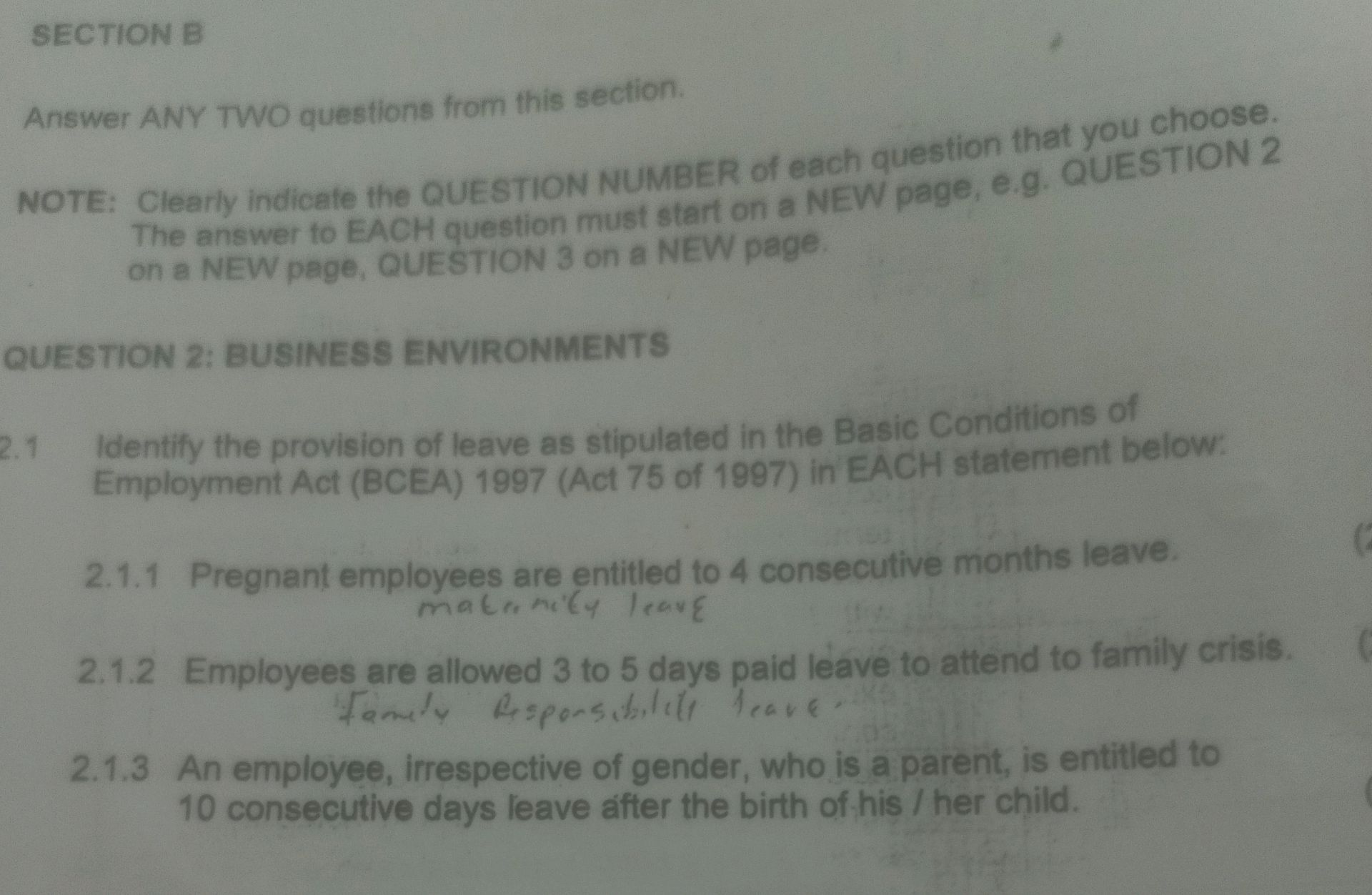 2.1 Identify the provision of leave as | StudyX