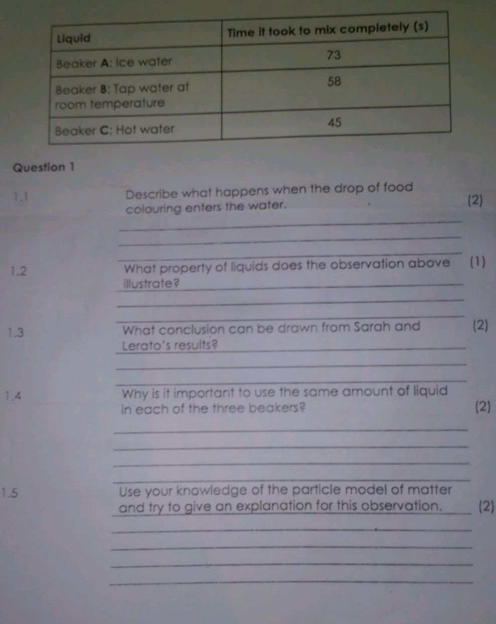 Liquid | Time it took to mix completely (s) | StudyX