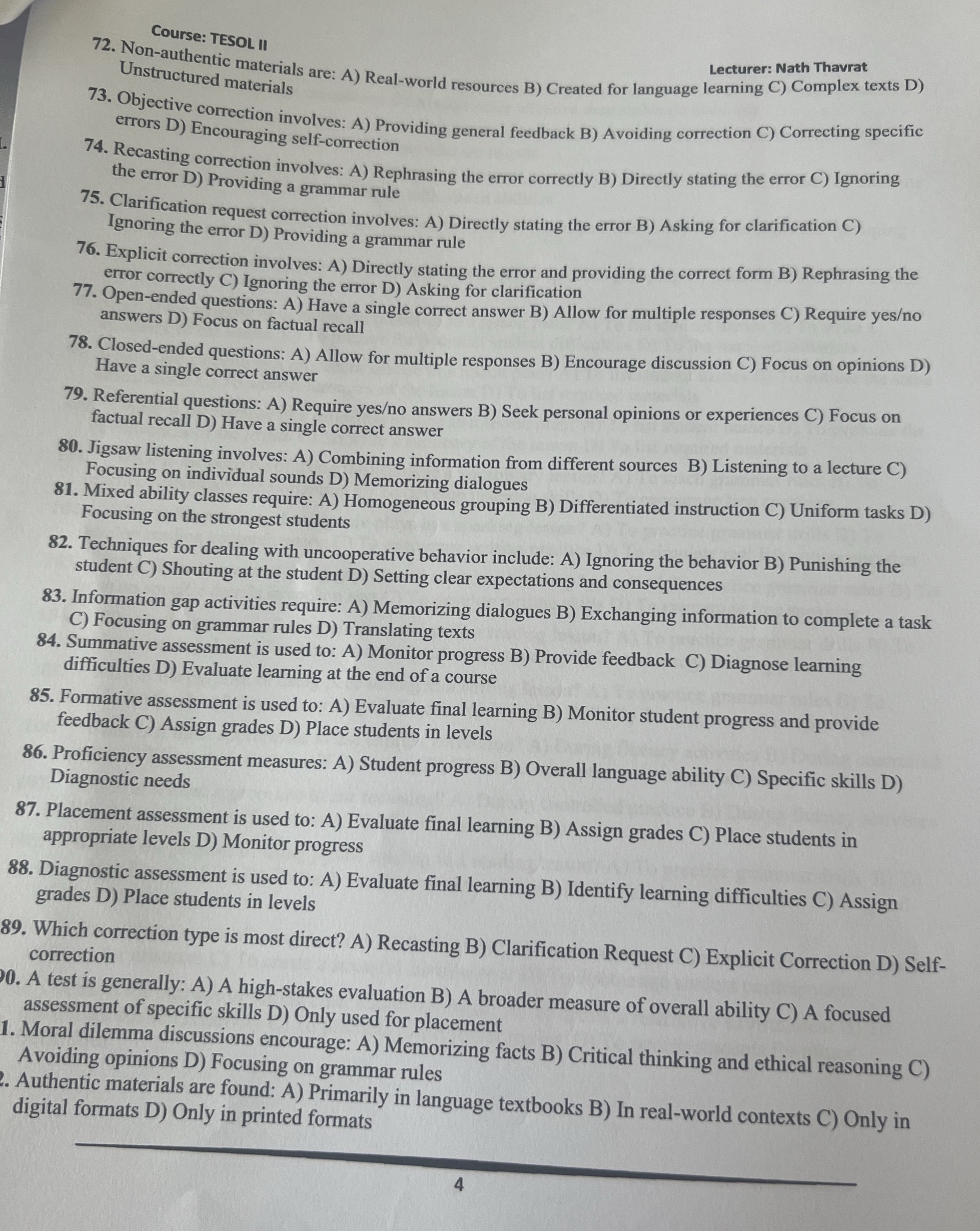 72. Non-authentic materials are: A) | StudyX