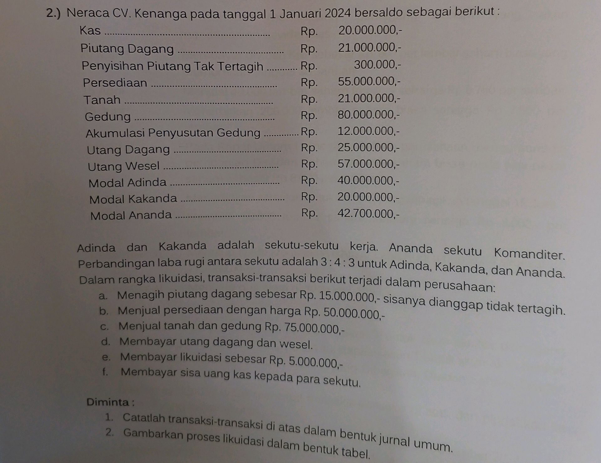 2.) Neraca CV. Kenanga pada tanggal 1 | StudyX