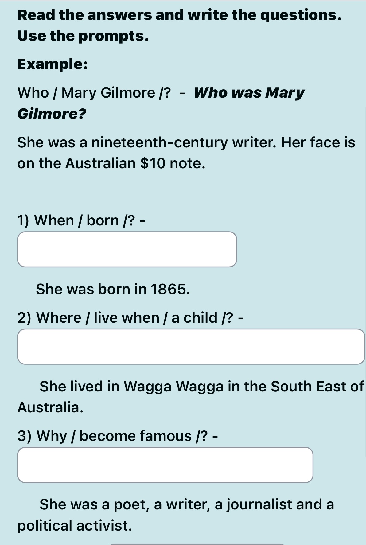 Read the answers and write the questions. | StudyX