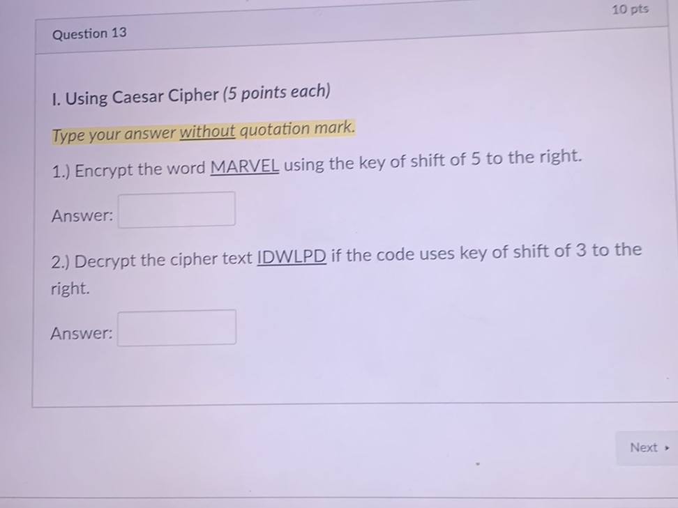 Question 13 I. Using Caesar Cipher (5 | StudyX