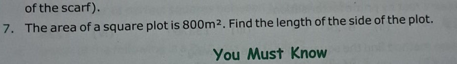 The area of a square plot is 800m². Find the