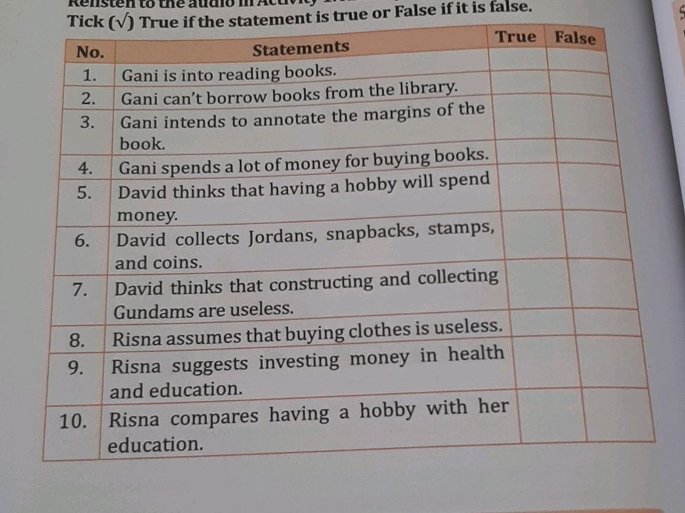 | No. | Statements | True | False | | StudyX