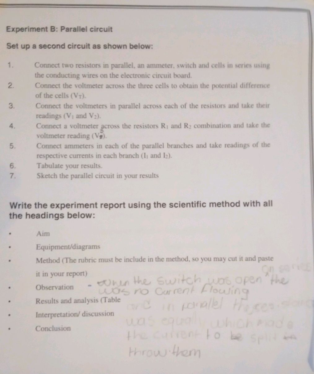 Experiment B: Parallel circuit Set up a | StudyX