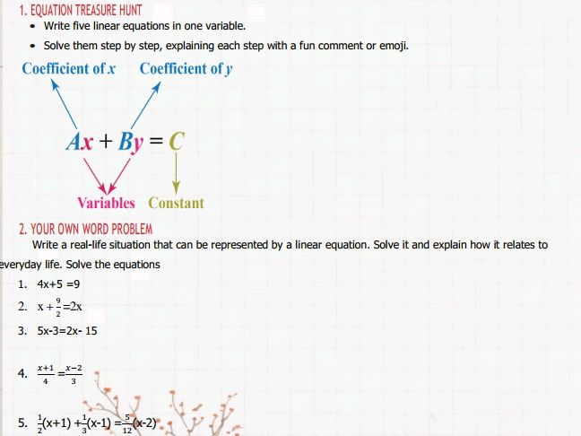 1. EQUATION TREASURE HUNT • Write five | StudyX