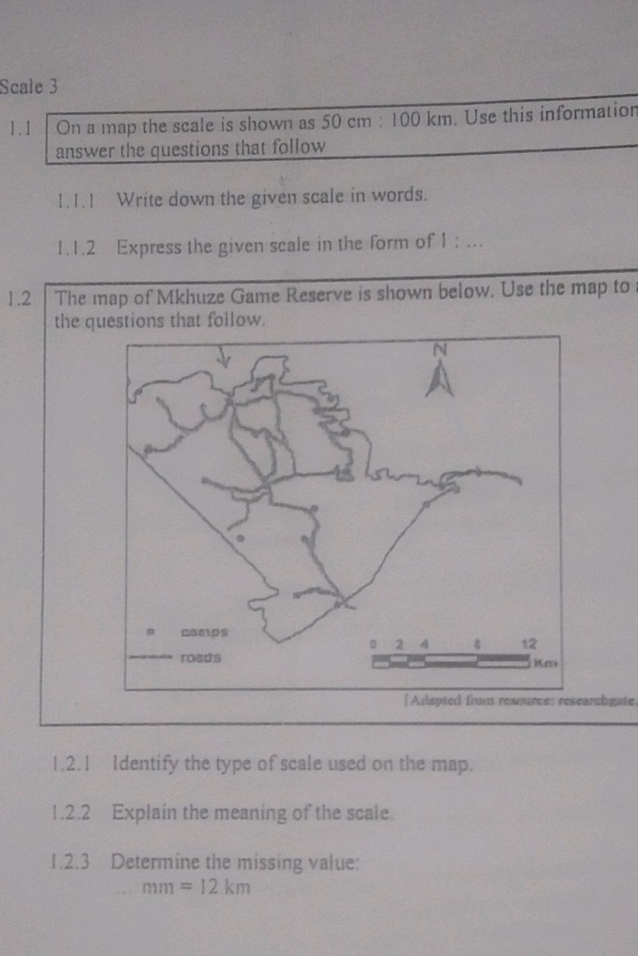 1.1 On a map the scale is shown as 50 cm : | StudyX