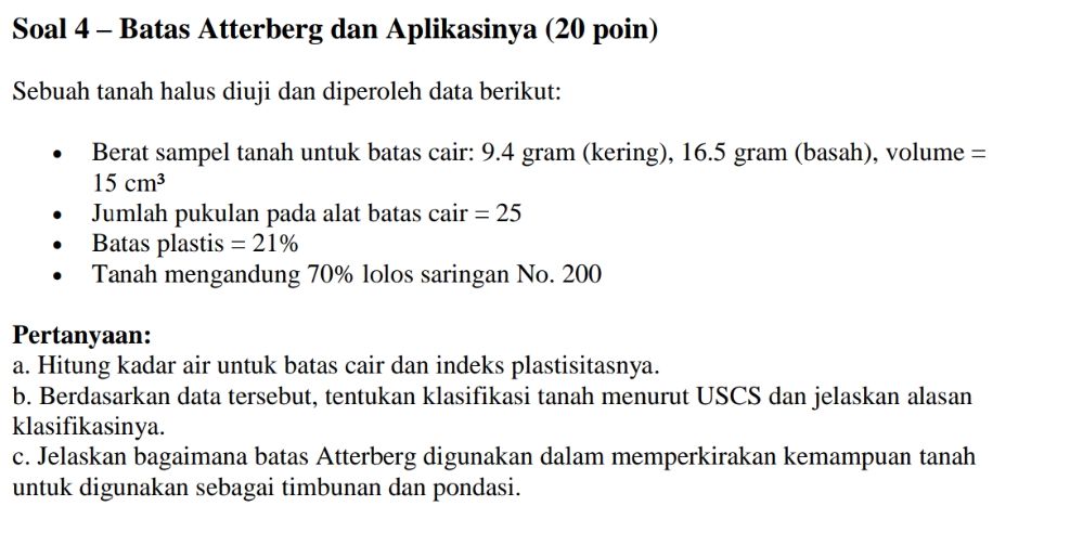 Soal 4 - Batas Atterberg dan Aplikasinya (20 | StudyX
