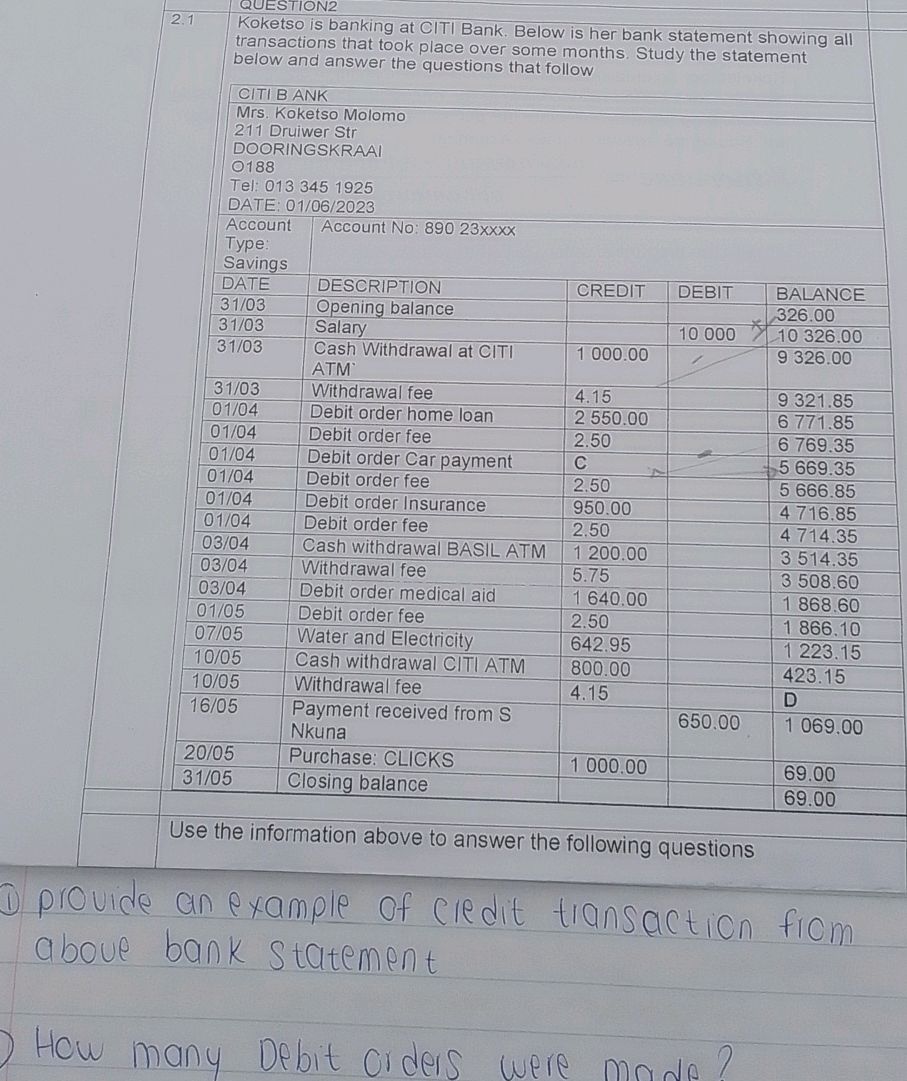 The following is a bank statement: ``` CITI | StudyX