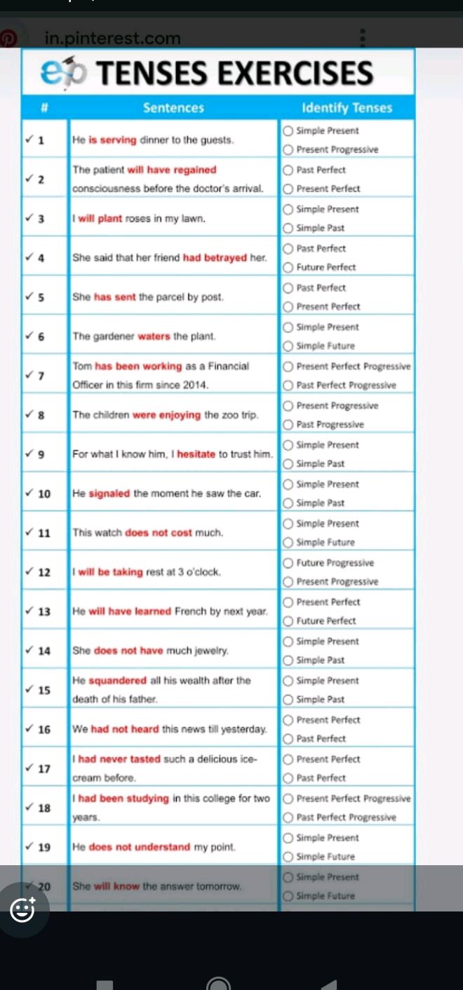 TENSES EXERCISES | # | Sentences | Identify | StudyX