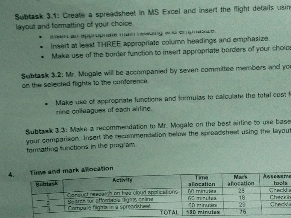 Subtask 3.1: Create a spreadsheet in MS | StudyX