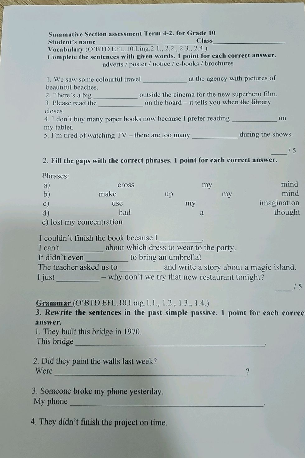 Summative Section assessment Term 4-2. for | StudyX