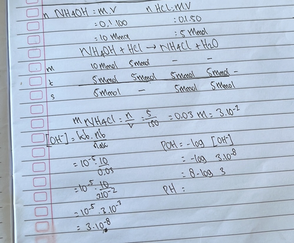 n NH4OH = M.V = 0.1.100 = 10 Mmol n HCl:M.V | StudyX