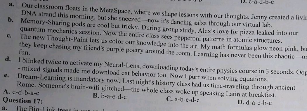 Question 17: A. e-d-b-a-c B. b-a-e-d-c C. | StudyX