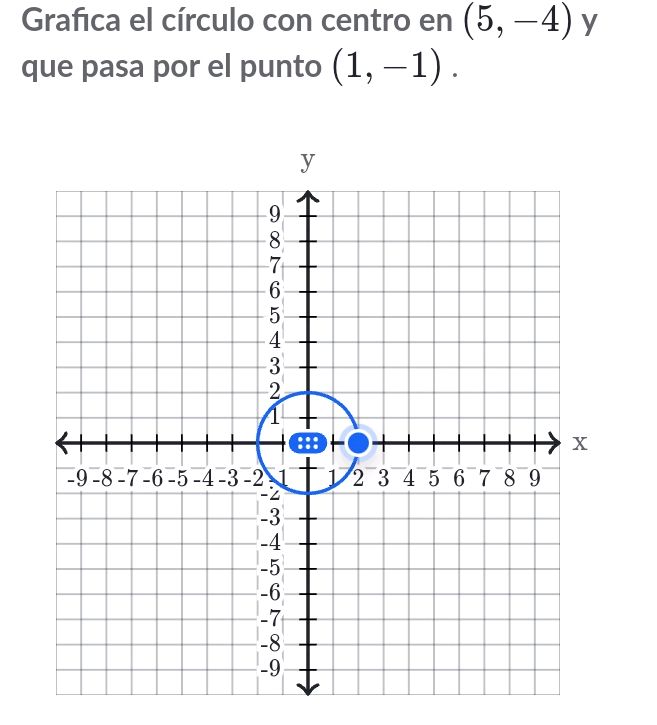Grafica el círculo con centro en (5, -4) y | StudyX