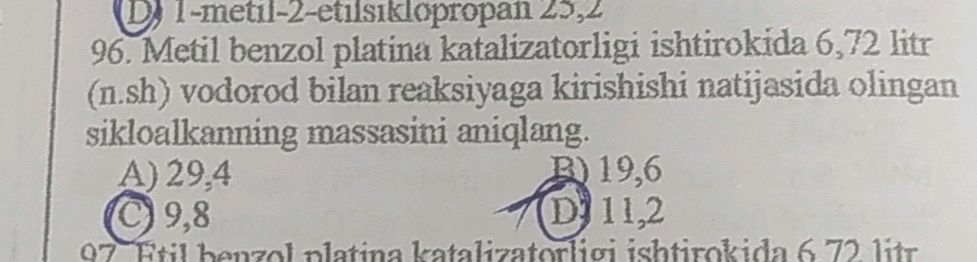 96. Metil benzol platina katalizatorligi | StudyX