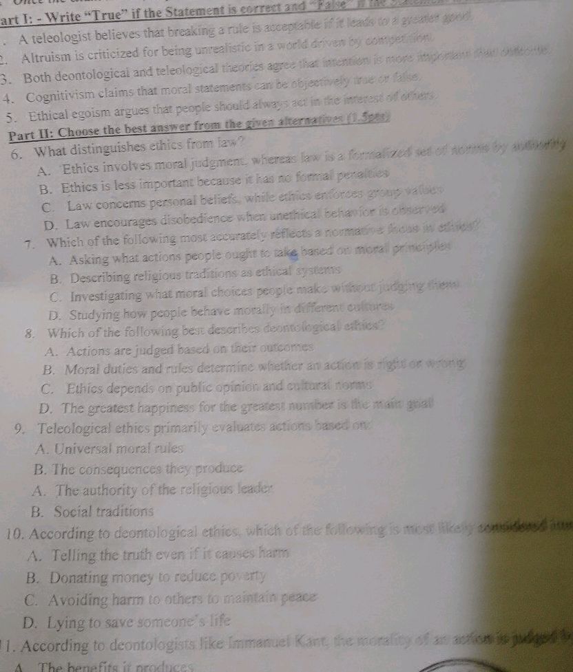 6. What distinguishes ethics from law? A. | StudyX