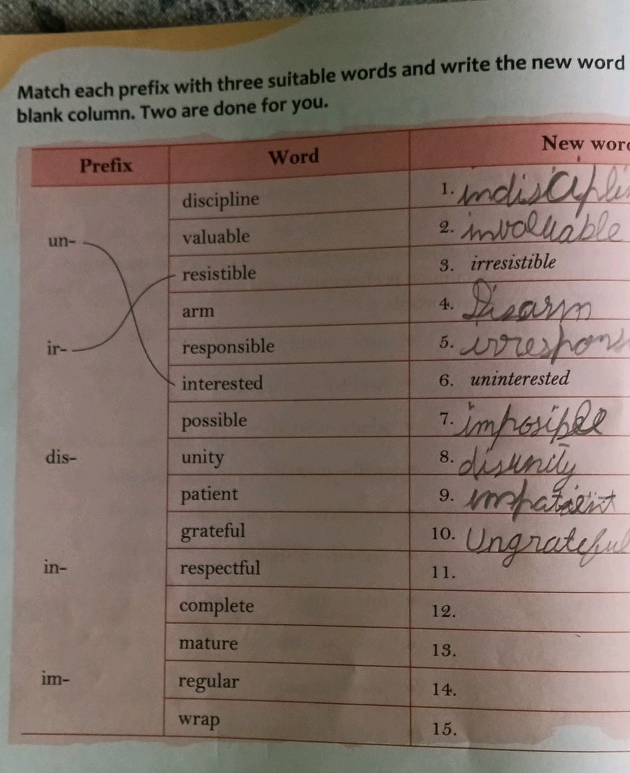 Match each prefix with three suitable words | StudyX