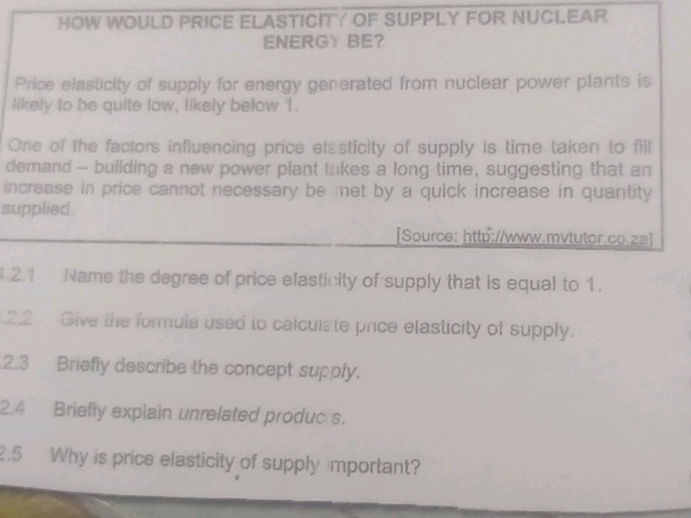 HOW WOULD PRICE ELASTICITY OF SUPPLY FOR | StudyX