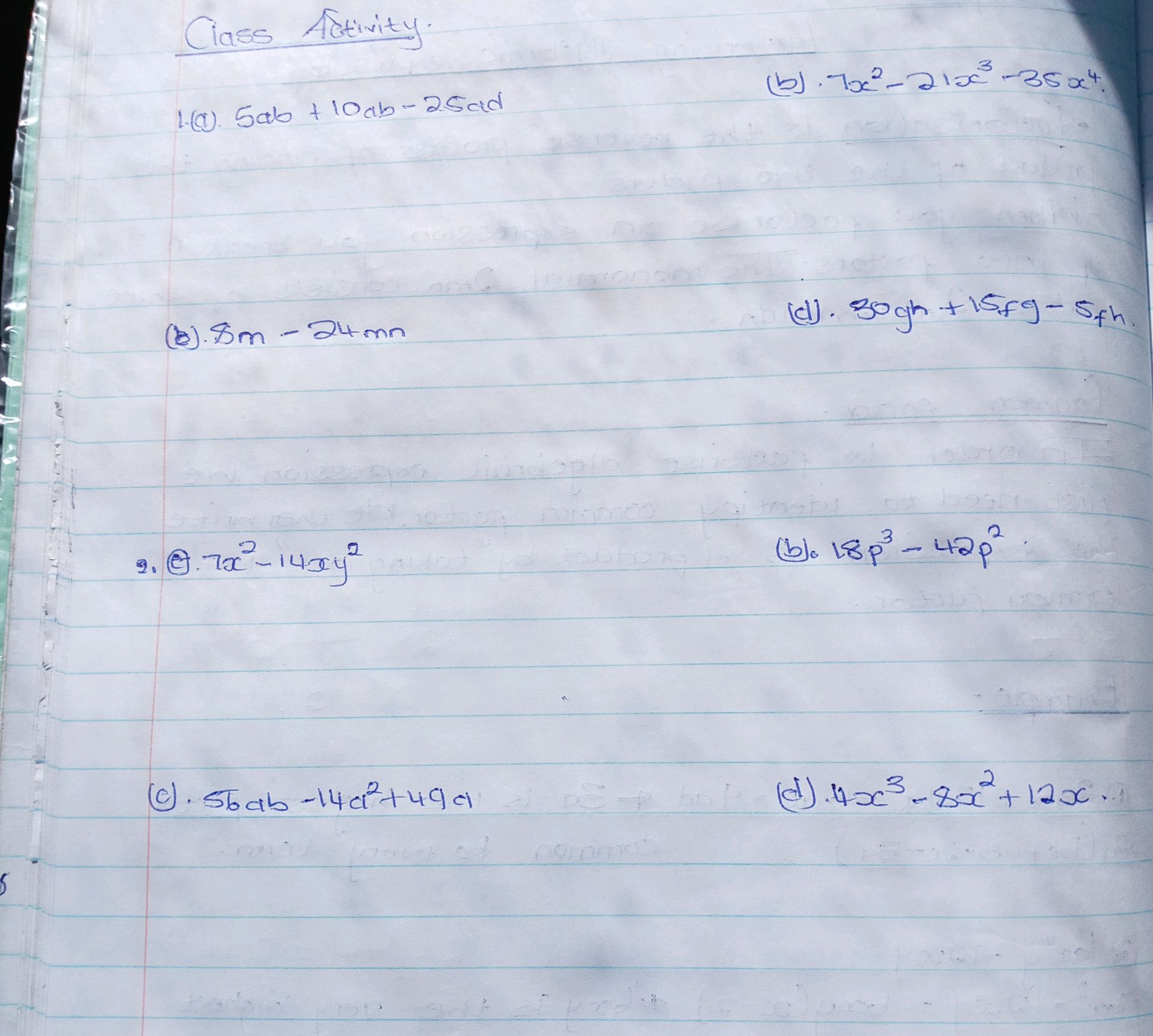 1. (a) $5ab + 10ab - 25ad$ (b) $7x^2 - | StudyX