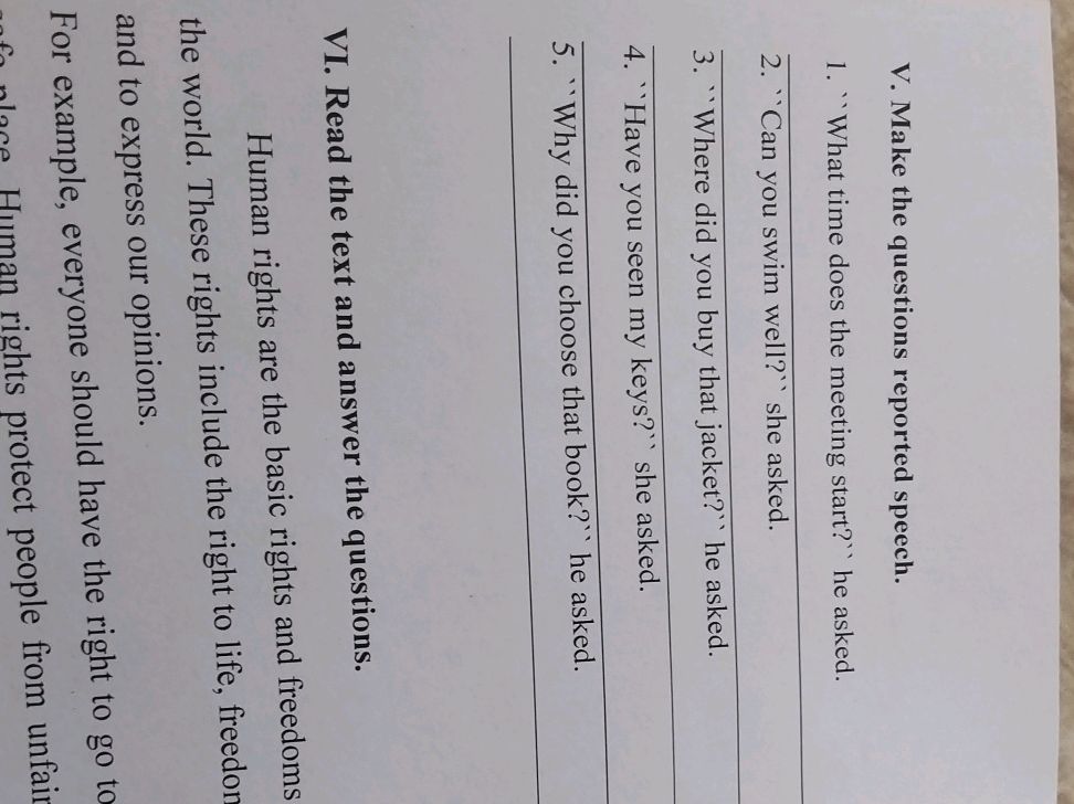 V. Make the questions reported speech. 1. | StudyX