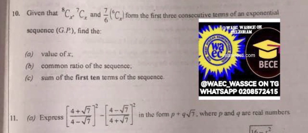 10. Given that $^8C_x$, $^7C_x$ and $ | StudyX