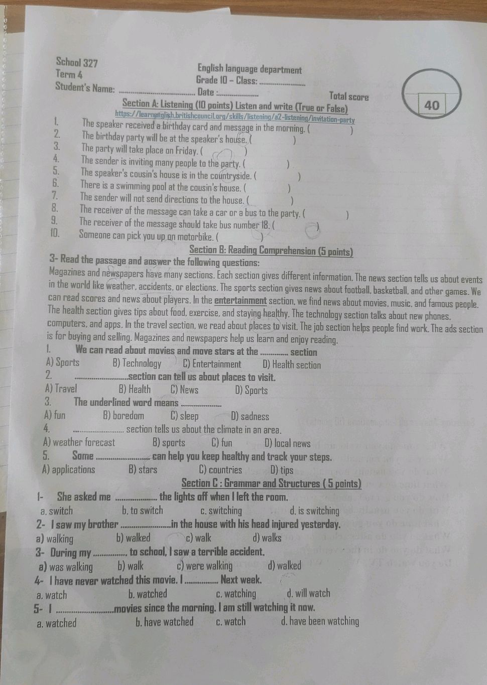 Section A: Listening (10 points) Listen and | StudyX