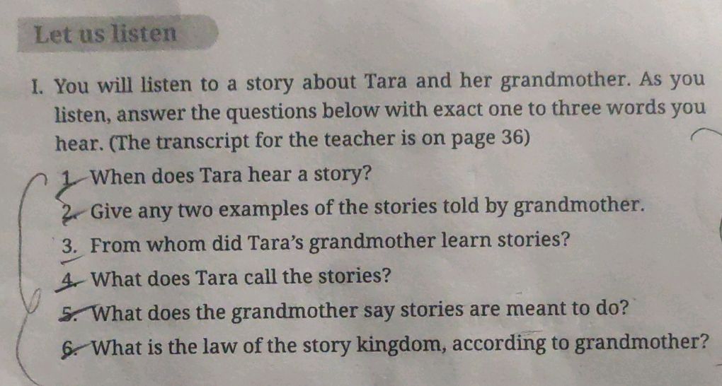 1. When does Tara hear a story? 2. Give any | StudyX