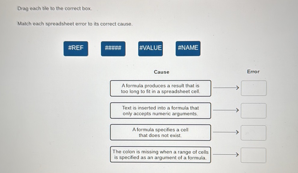 Match each spreadsheet error to its correct | StudyX