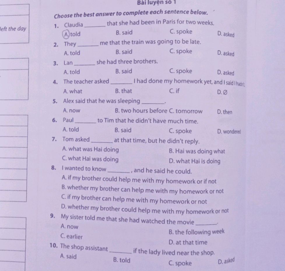 Bài luyện số 1 Choose the best answer to | StudyX