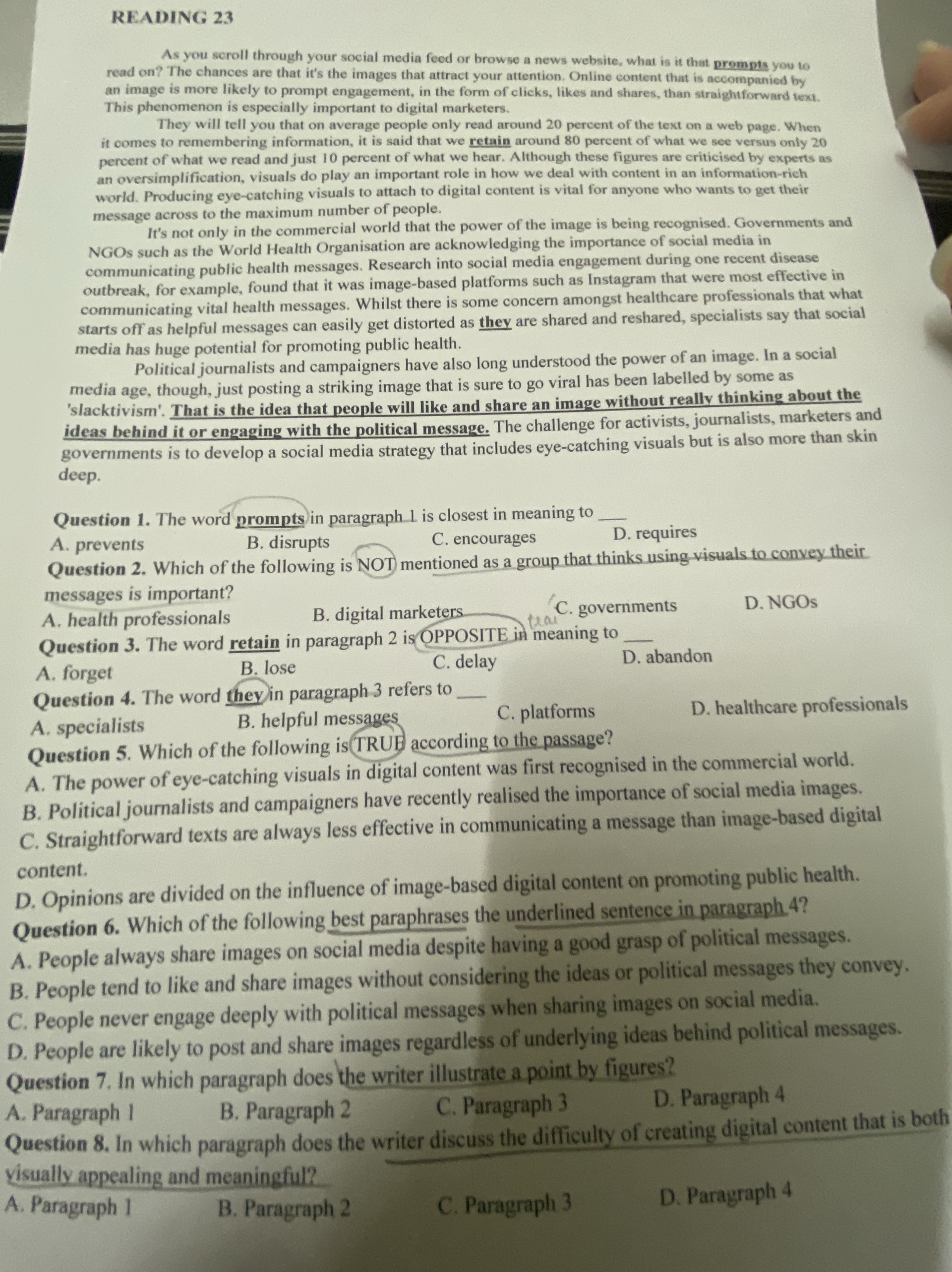 Question 1. The word prompts in paragraph 1 | StudyX