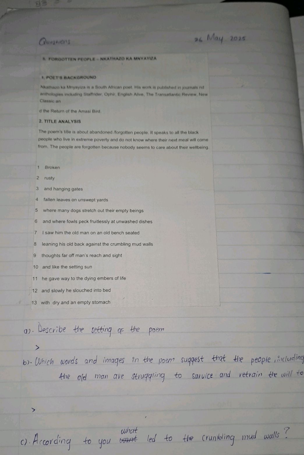 a). Describe the setting of the poem > b). | StudyX