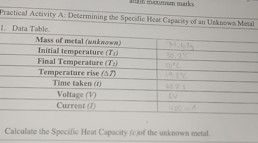 1. Data Table. | Mass of metal (unknown) | | StudyX