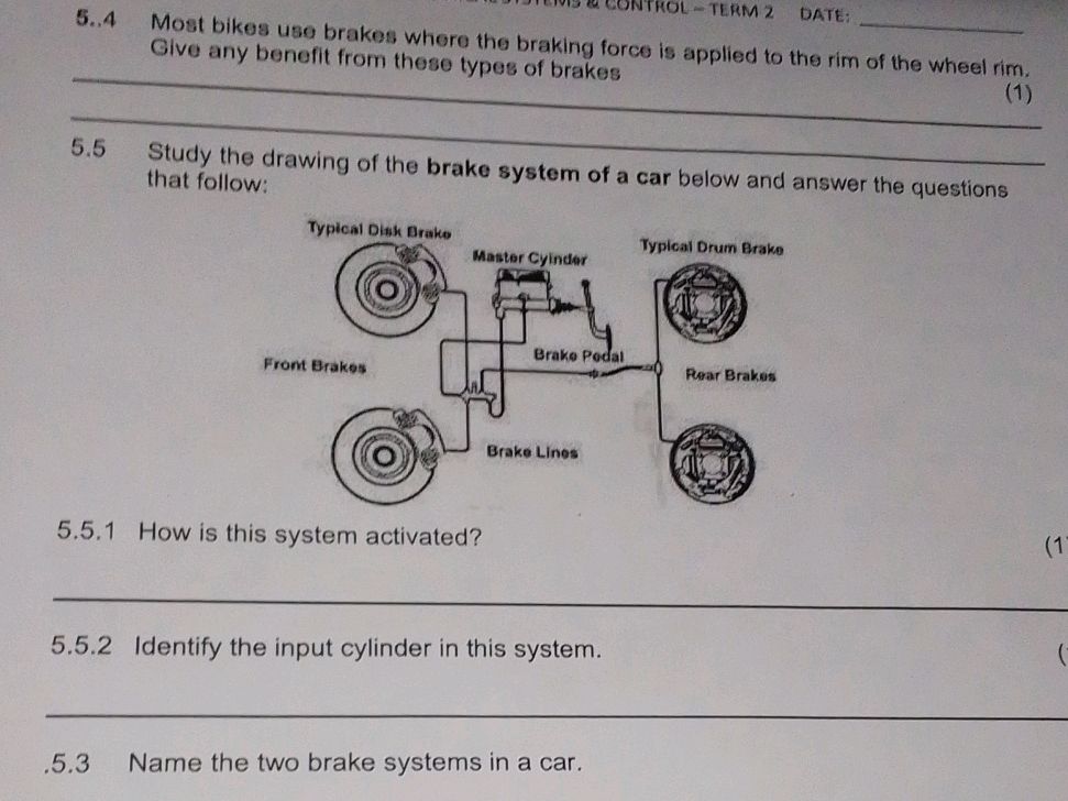Study the drawing of the brake system of a | StudyX