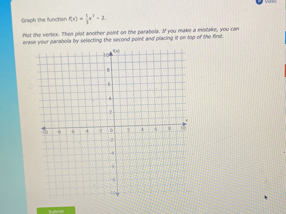 Graph the function $f(x) = {1}{3}x^2 - 2$. | StudyX
