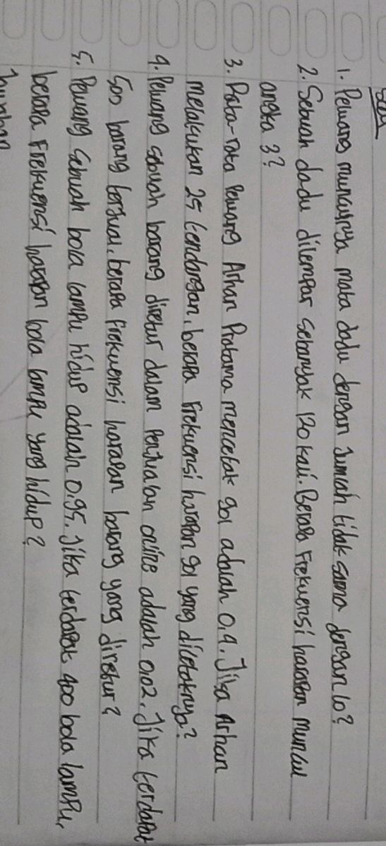 1. Peluang munculnya mata dadu dengan jumlah | StudyX