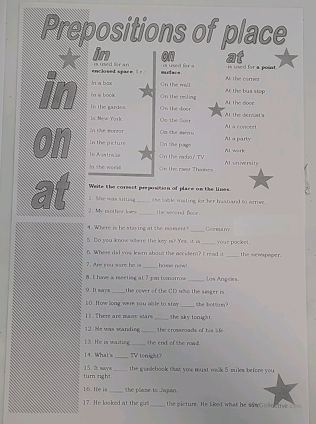 Prepositions of place in -is used for an | StudyX