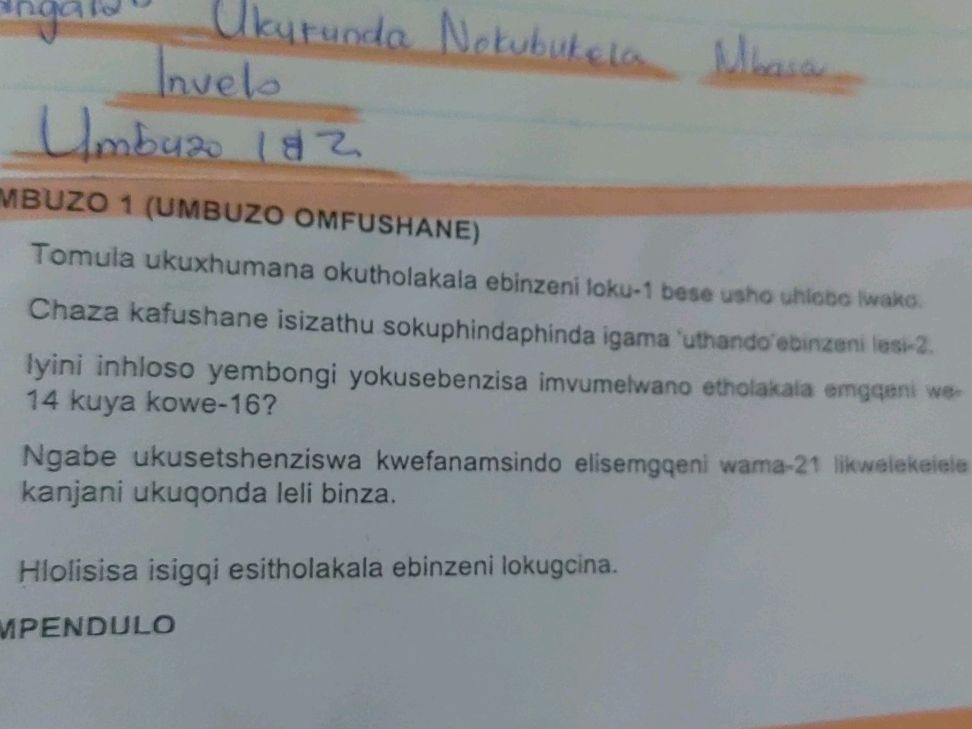 MBUZO 1 (UMBUZO OMFUSHANE) Tomula | StudyX