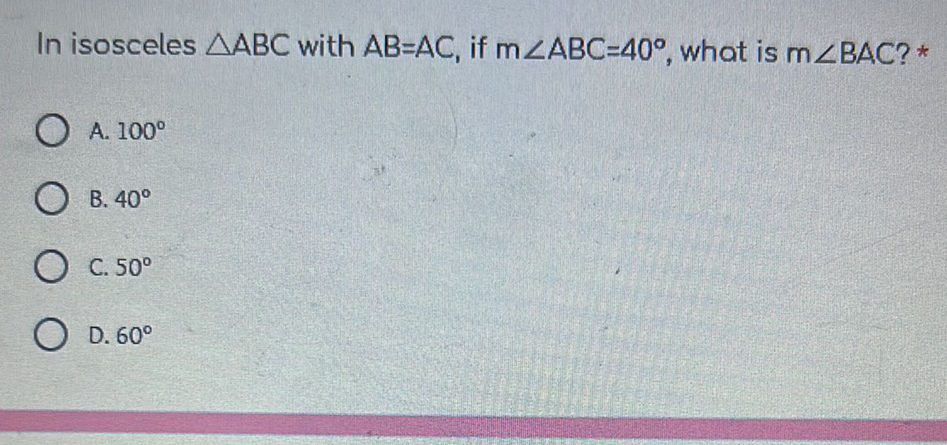In isosceles $ ABC$ with AB=AC, if $m ABC | StudyX