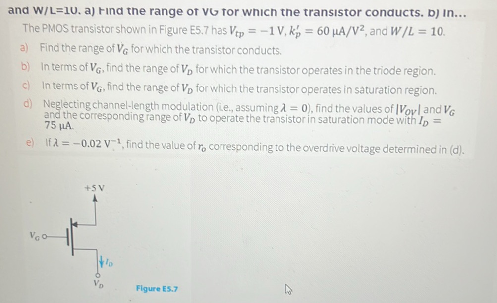 The PMOS transistor shown in Figure E5.7 has | StudyX